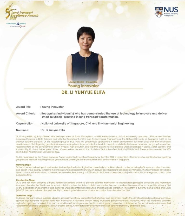 Adjunct Assistant Professor Elita Li Yunyue received Land Transport Excellence Award (Young ...