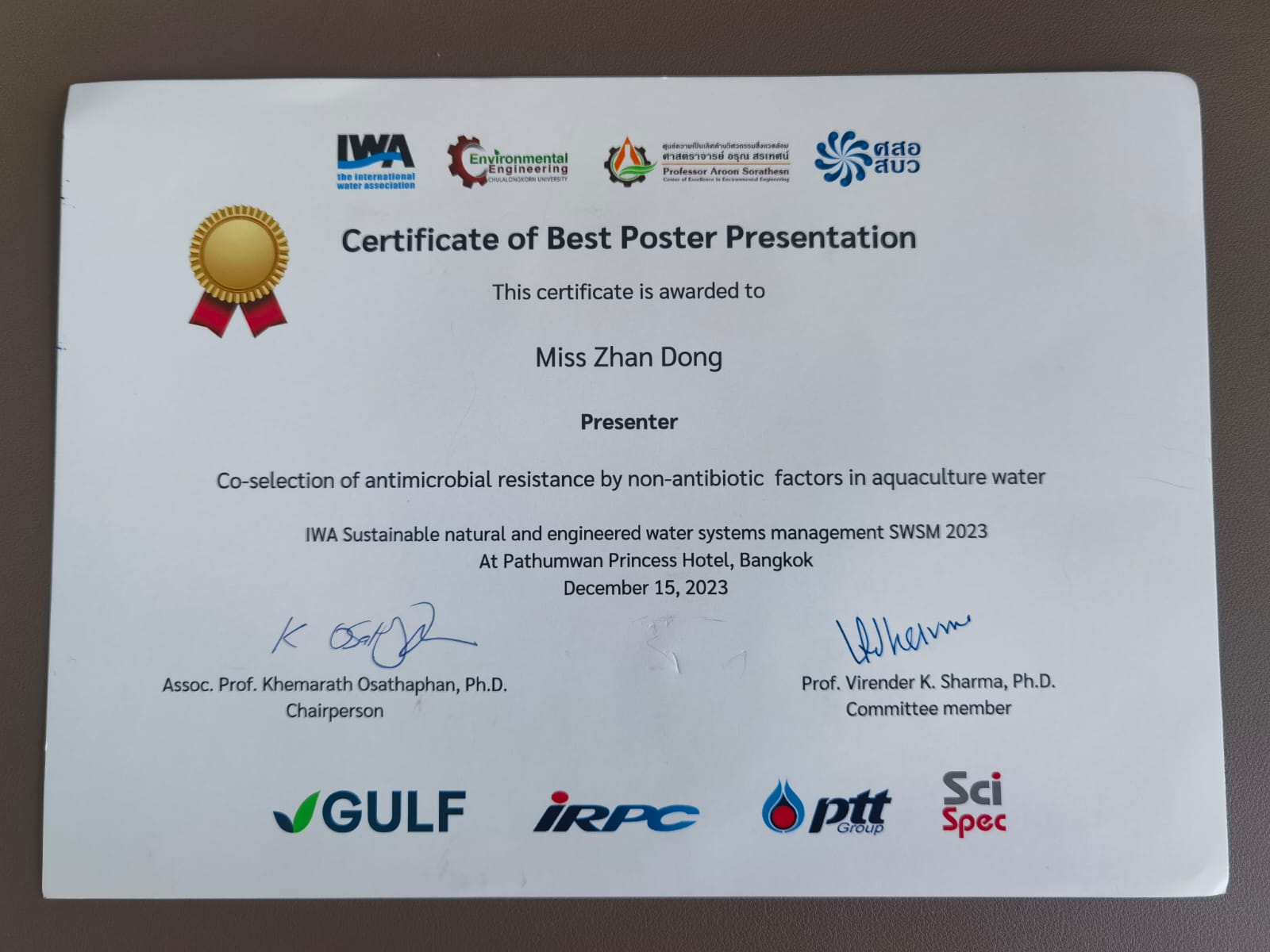 Ms Dong Zhan won poster presentation award in SWSM 2023 in Thailand ...
